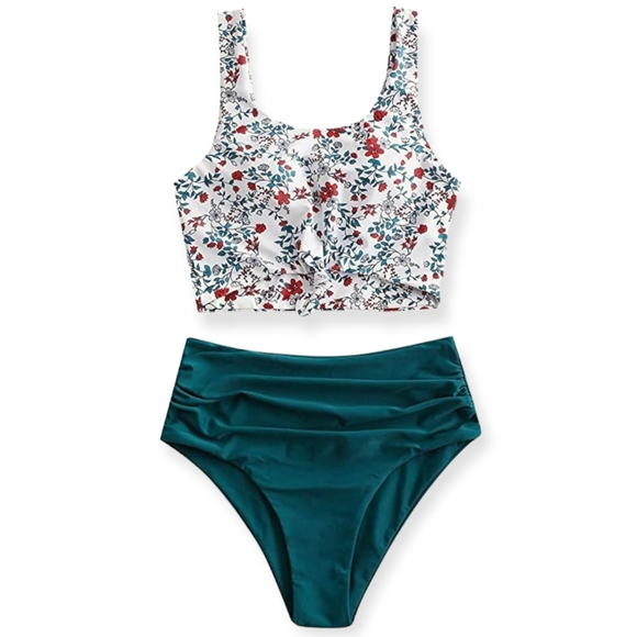 Zaful Swim Knot Scoop Neck Bikini Set Ruched High Waisted Two Piece